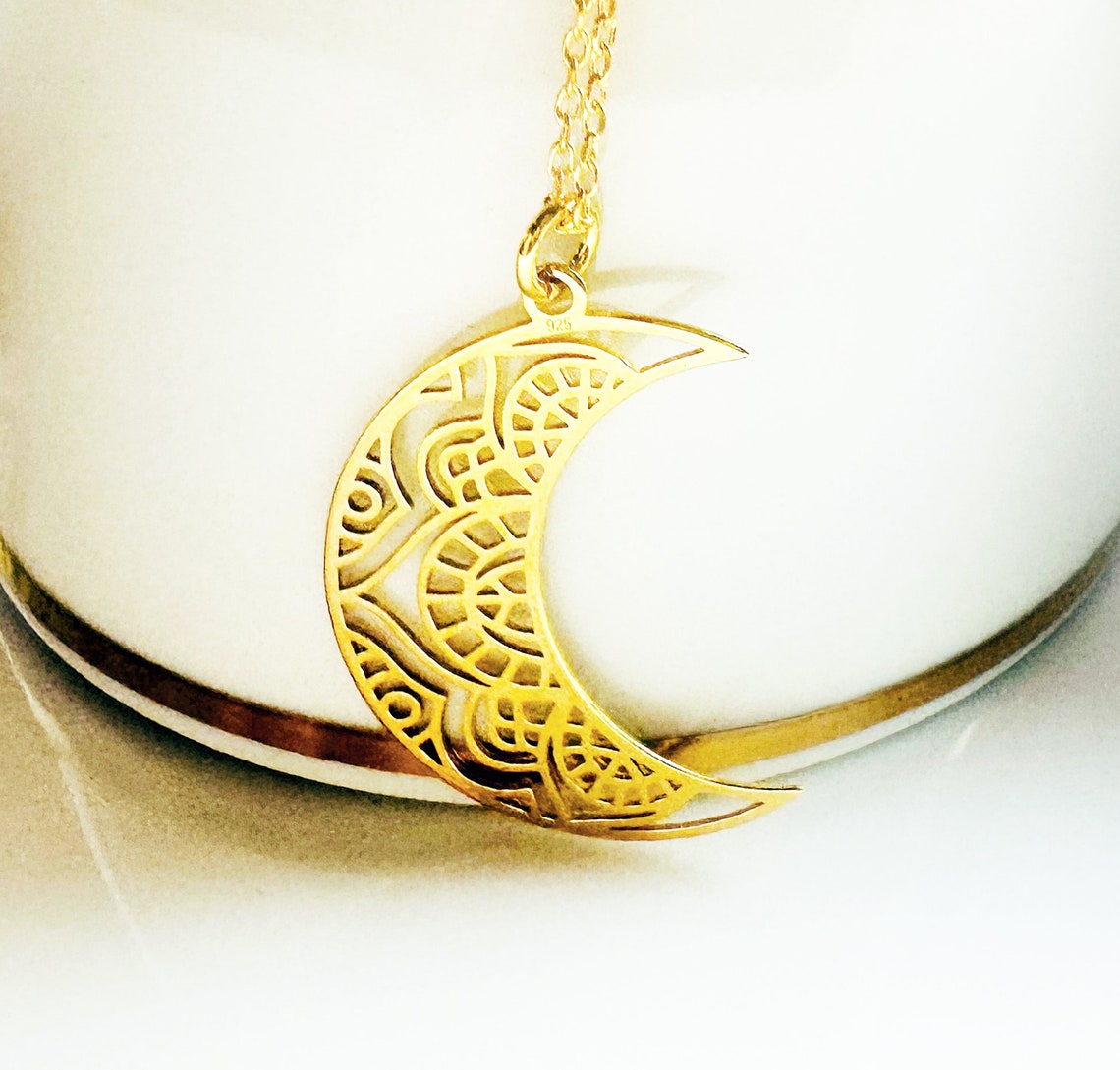 Filigree Moon Necklace, Gold Moon Necklace, Open Work Lunar Cycle ...