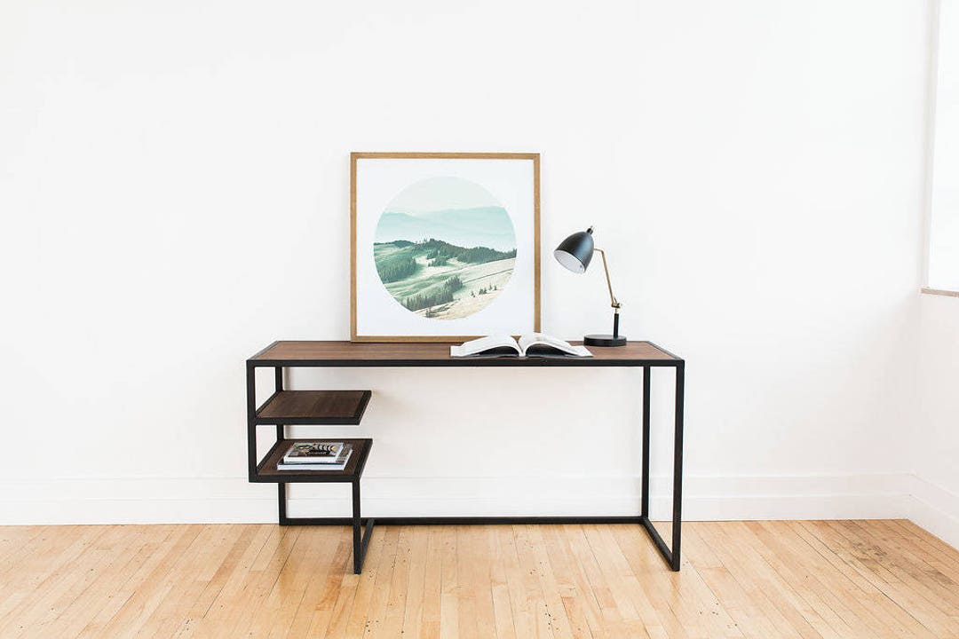 Handmade Walnut Wood Desk With Floating Shelves - Mid Century Modern ...