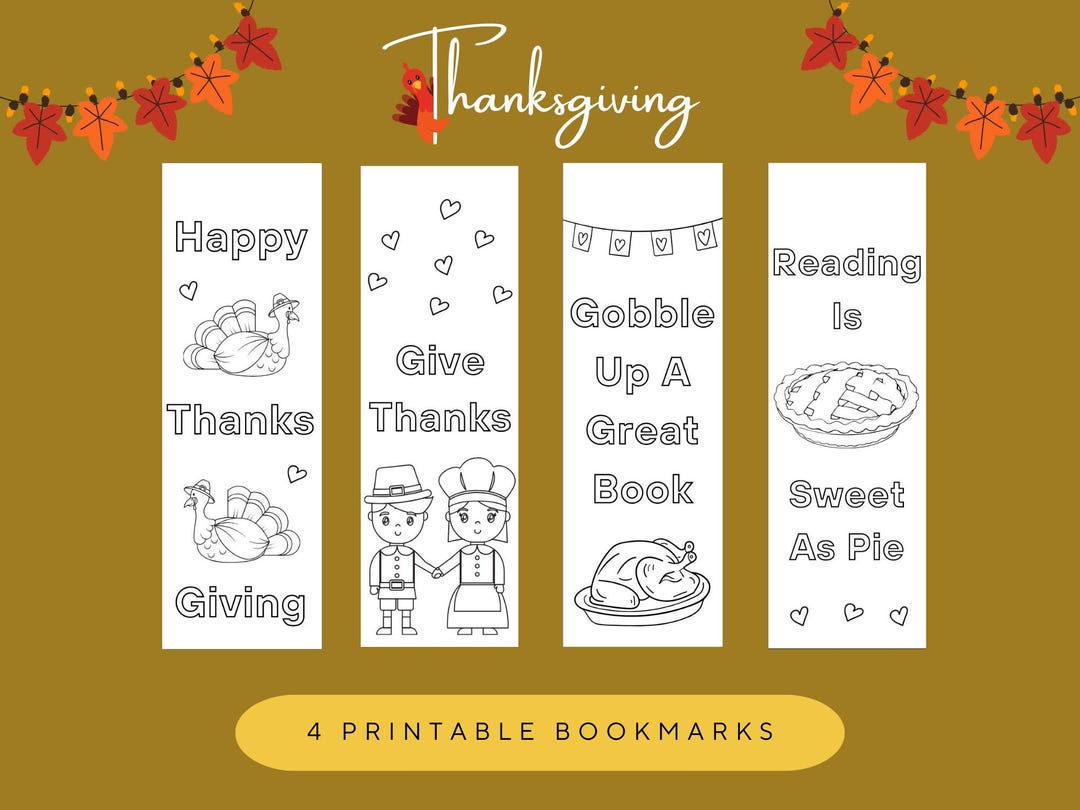 Kids Thanksgiving Coloring Bookmarks | Pilgrims, Pie, Turkey (printable ...