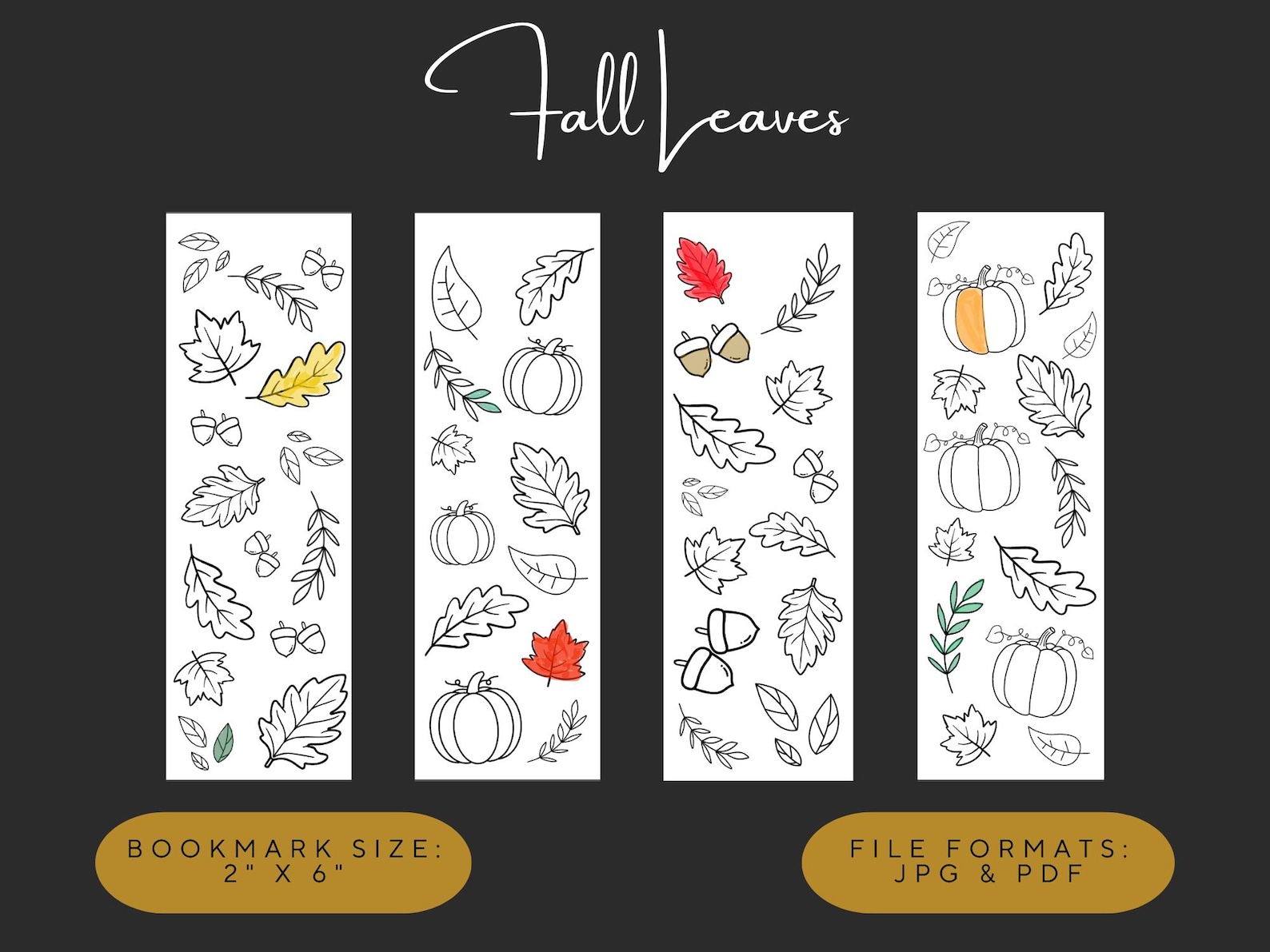 Fall Leaves Coloring Bookmarks | Acorns & Pumpkins (printable) - Etsy