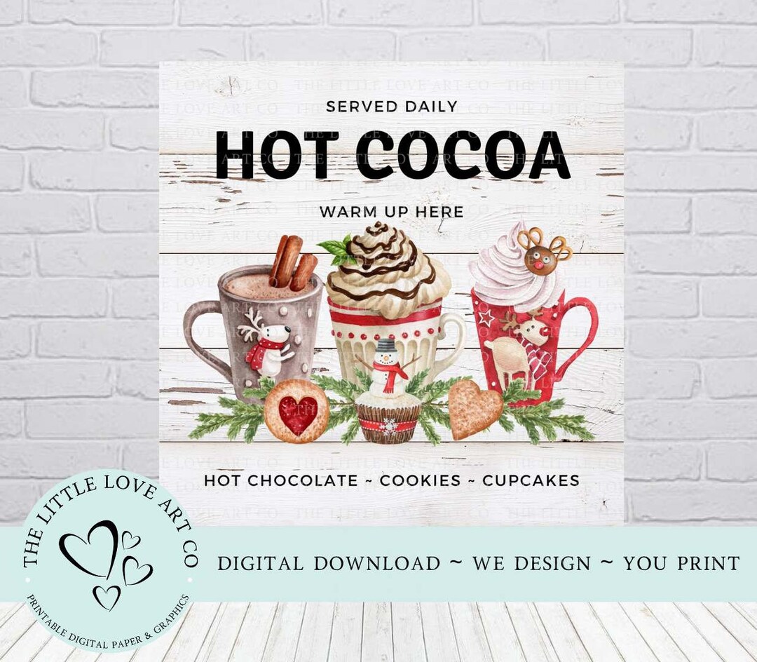 Hot Cocoa Sign Design, Hot Cocoa Bar, Red Cocoa Mug, Reindeer, Cookies ...