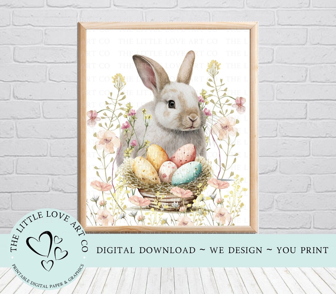 8 X 10 Easter Bunny Easter Eggs Wall Art Print, Spring Wildflowers ...