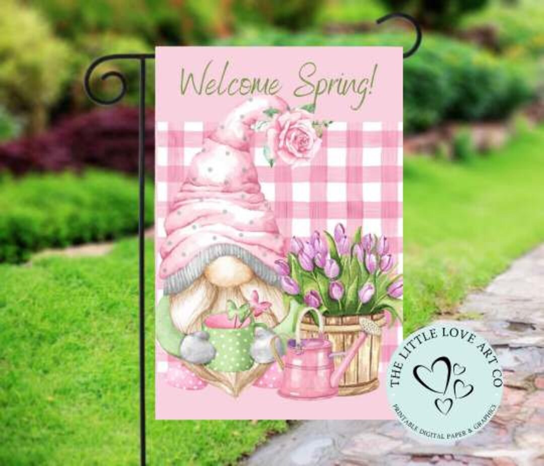 Welcome Spring Pink Roses Gnome Garden Flag Sublimation Design, Garden ...