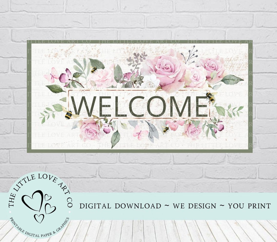 Welcome Pink Roses & Bees Rectangle Door Hanger Sublimation Design ...