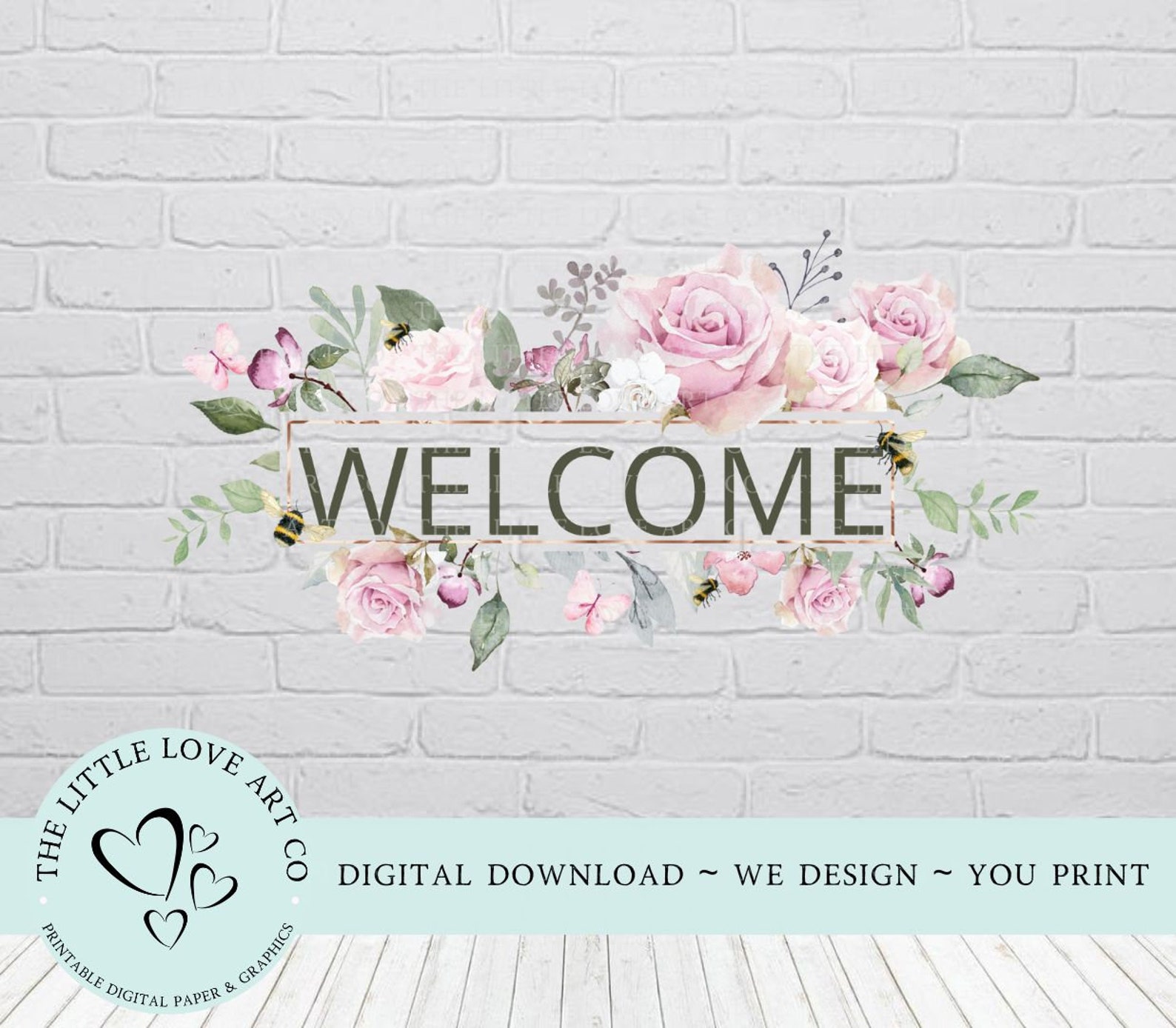 Welcome Pink Roses & Bees Rectangle Door Hanger Sublimation Design ...