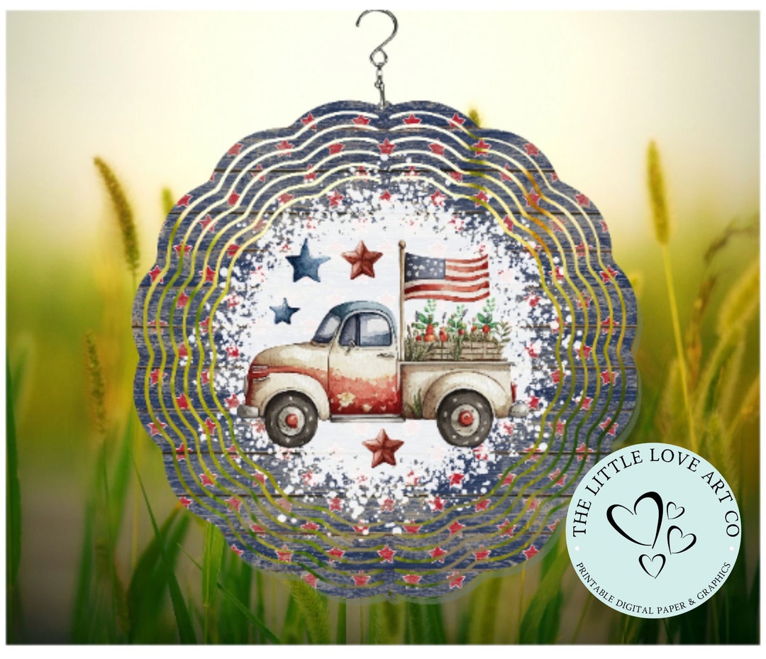 4th July Stars Stripes Vintage Truck Wind Spinner Sublimation Design ...