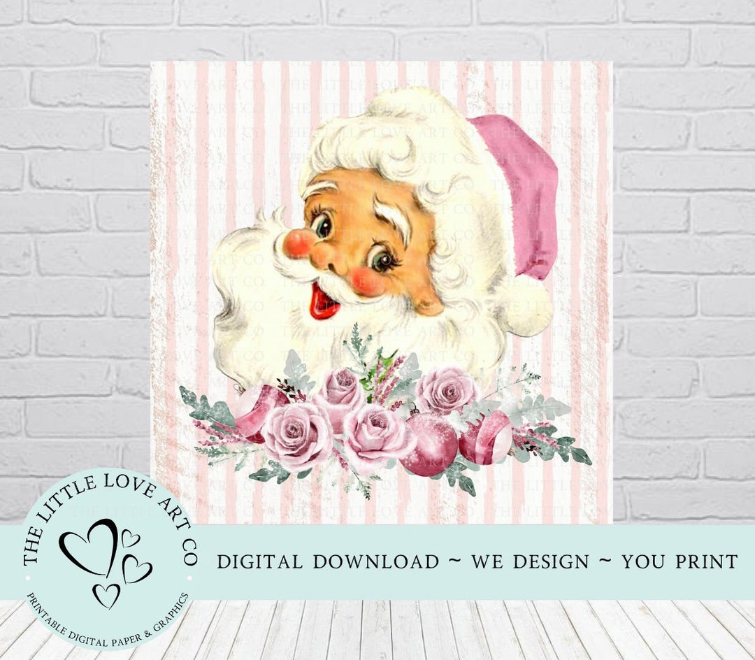 Pink Vintage Santa Floral Design, Pink Christmas Tiered Tray Sign, Pink ...