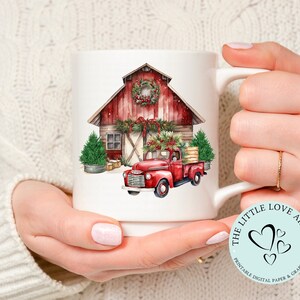 Red Barn Farm Truck Christmas Design, Christmas Farm Scene Digital ...