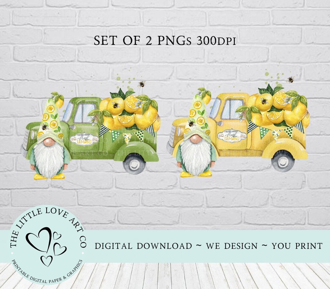 Set of 2 Lemon Gnome Truck PNG, Vintage Yellow Truck, Green Lemon Truck ...