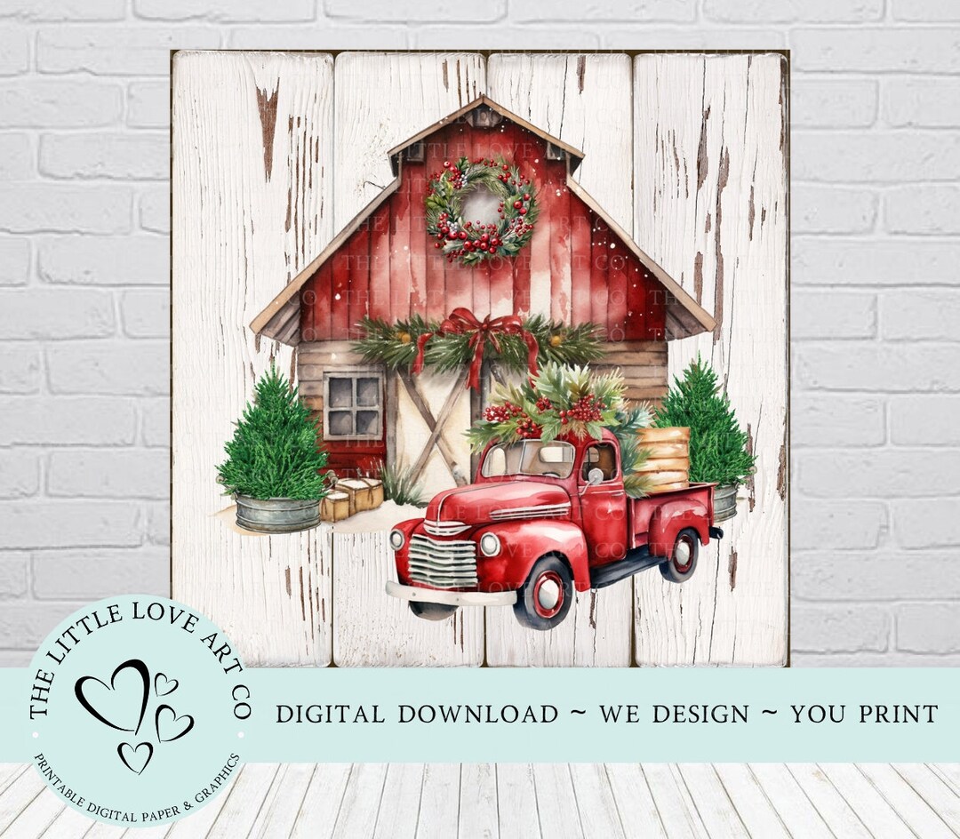 Red Barn Farm Truck Christmas Design, Christmas Farm Scene Digital ...
