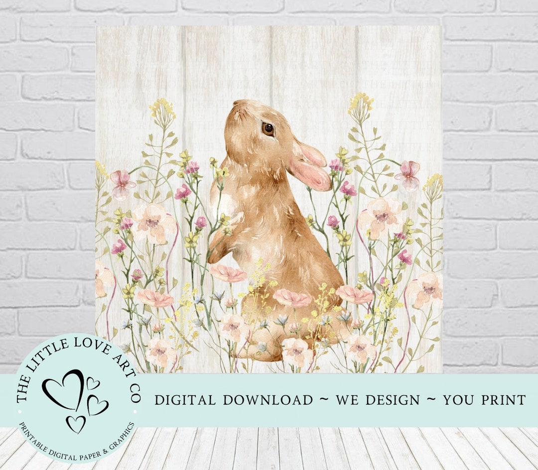 Baby Bunny Pink Spring Wildflowers Bunny Print, Spring Meadow Flowers ...