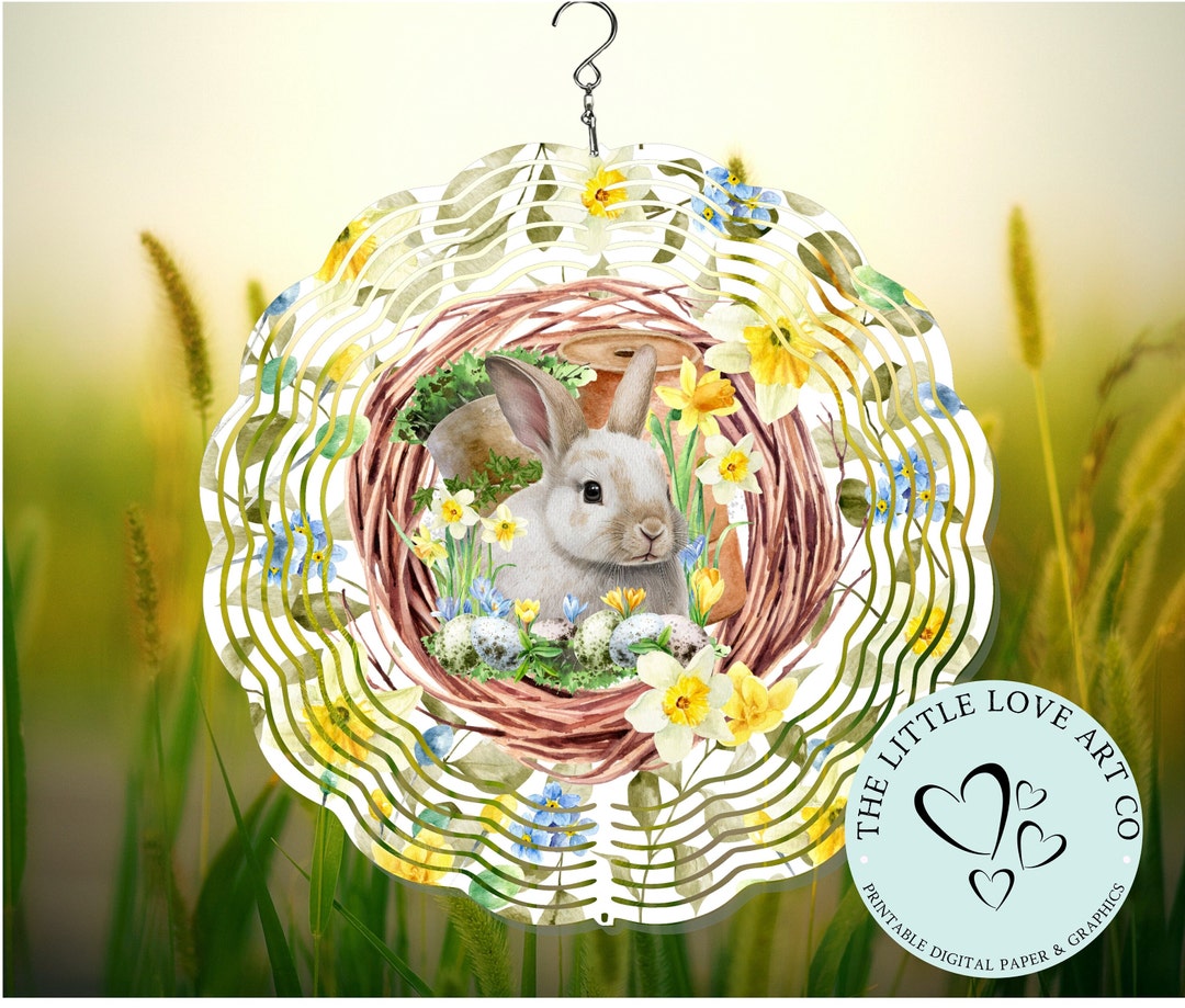Bunny Wind Spinner Sublimation Design, Rabbit & Spring Flowers, Spring ...