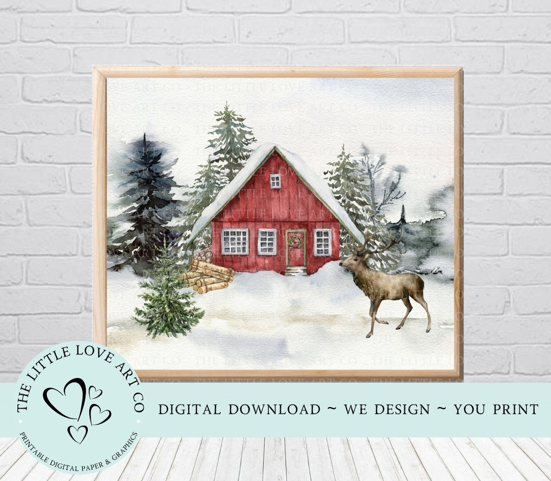 10 X 8 Christmas Winter Mountain Cabin Print, Snow Scene, Christmas ...