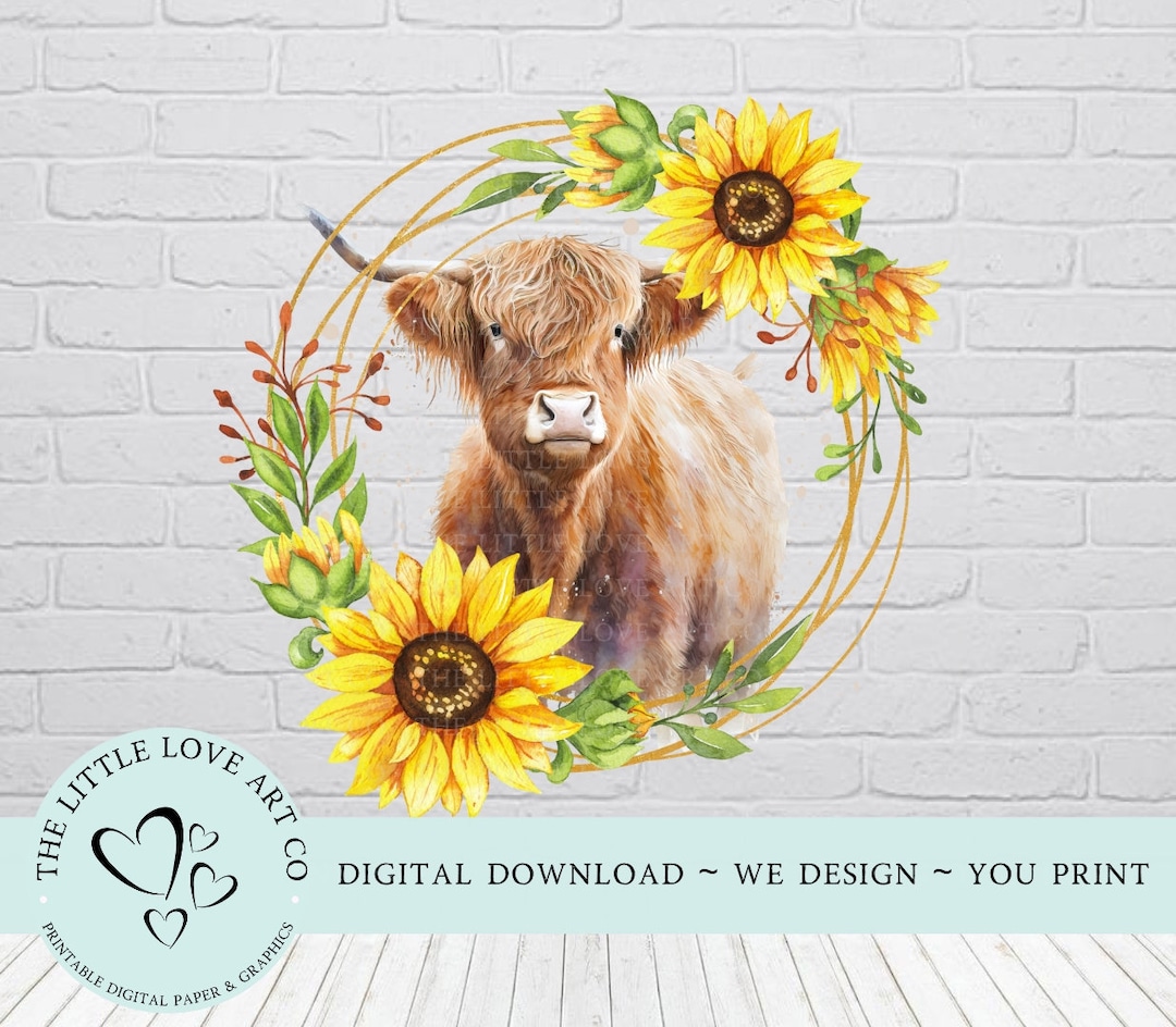 Highland Cow Sunflower Wreath PNG, Highland Cow Sublimation Design ...