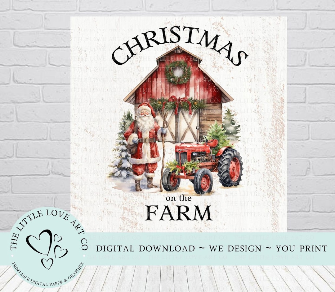 Christmas on the Farm, Red Barn and Tractor, Winter Snow Scene ...