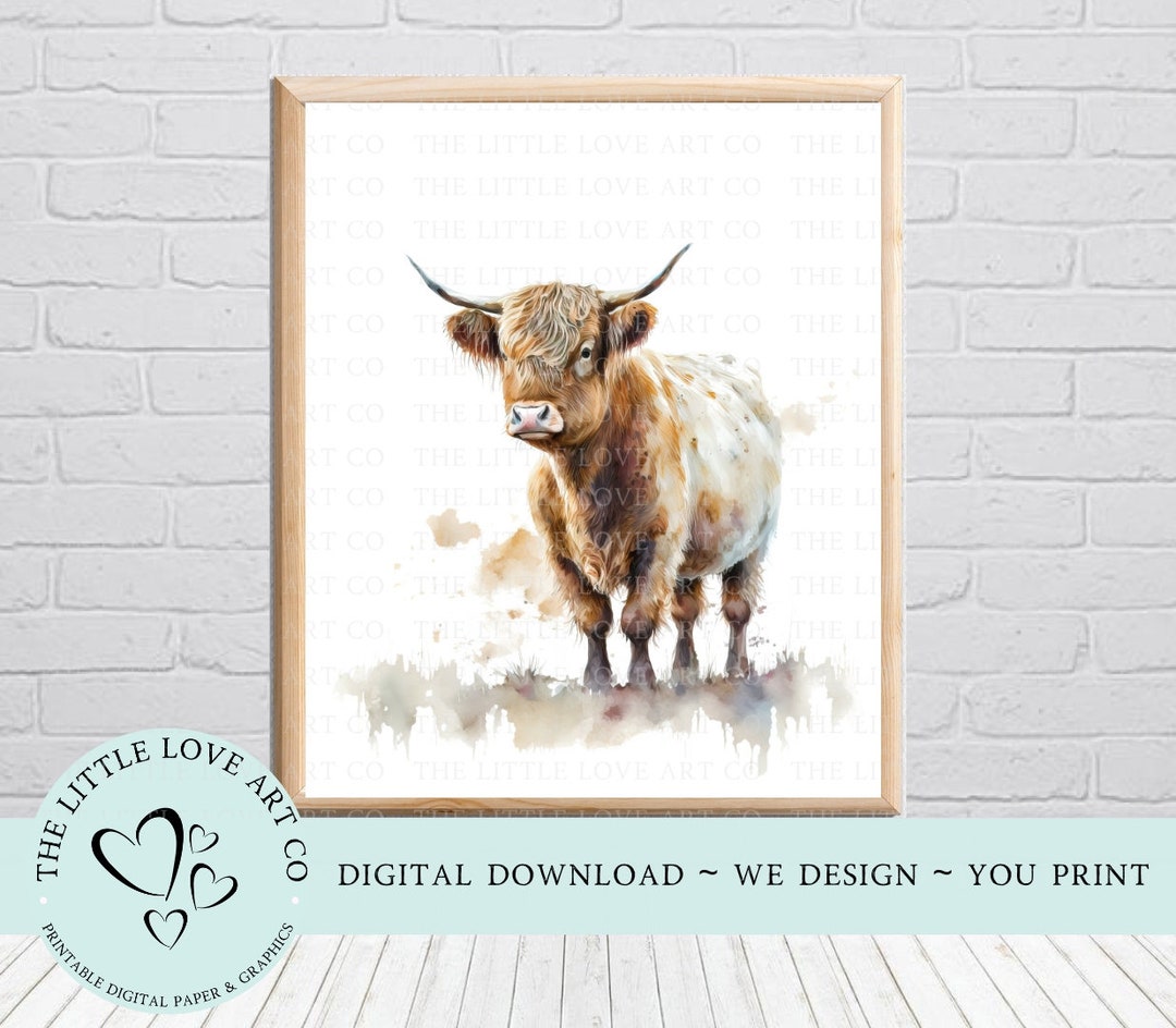 Watercolour Highland Cow Wall Art Print, Farmhouse Decor, Long Haired ...