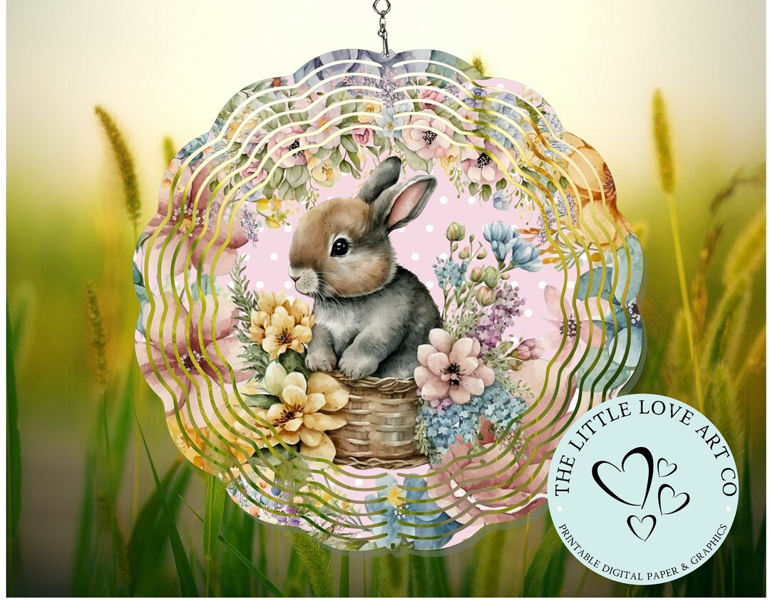 Easter Bunny Floral Wreath Wind Spinner Sublimation Design, Rabbit Wind ...