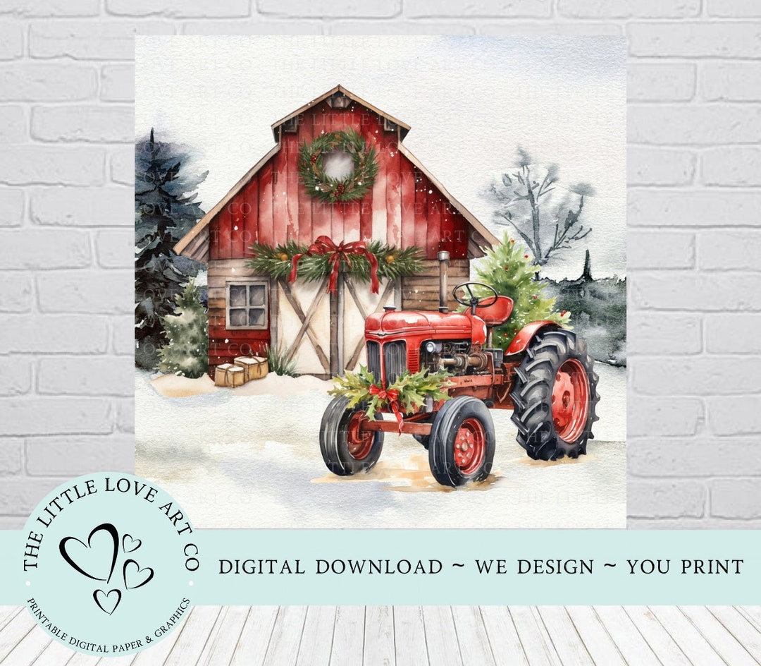 Christmas Red Barn and Tractor, Winter Snow Scene, Farmhouse Christmas ...