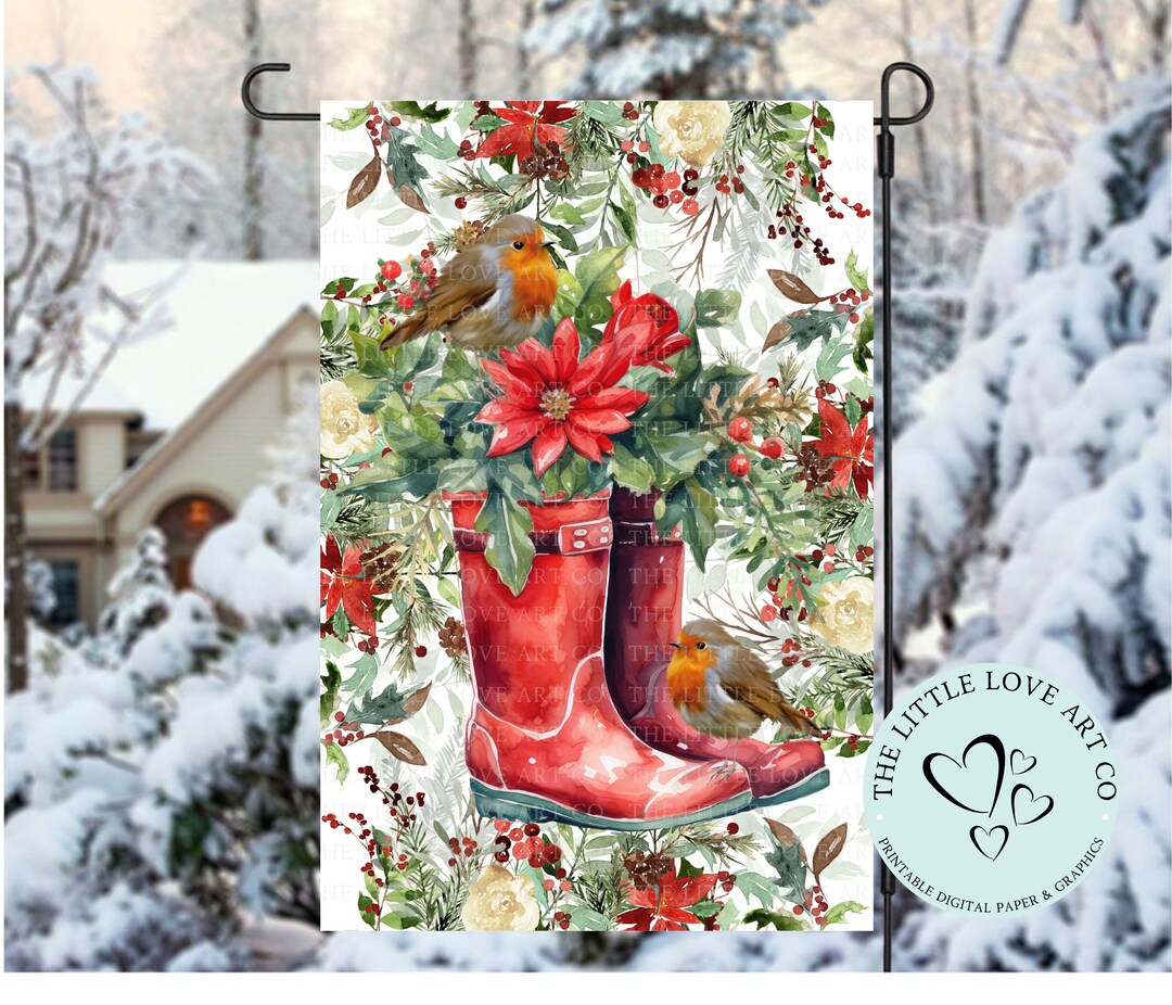 Winter Floral Red Wellies Robins Garden Flag, Robin Yard Flag, Holidays ...