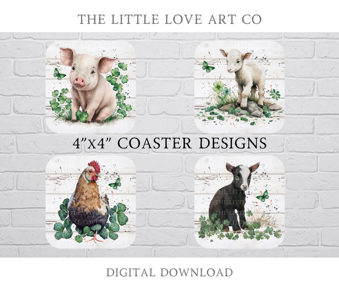 Farmhouse Farm Animal Coaster Designs, 4" Coaster, Farmyard Animal, Pig ...