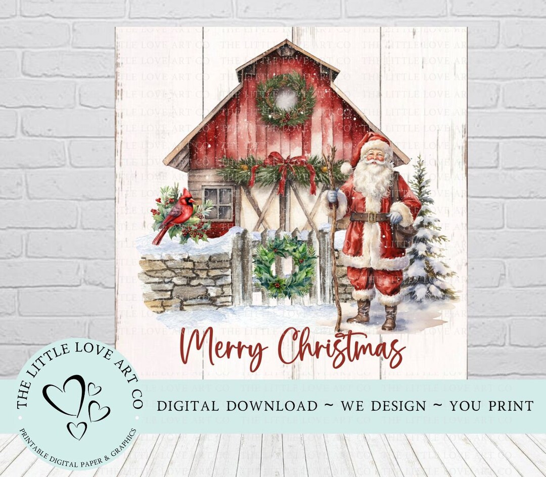 Christmas Barn PNG, Santa and Cardinal, Farmhouse Christmas Clipart ...