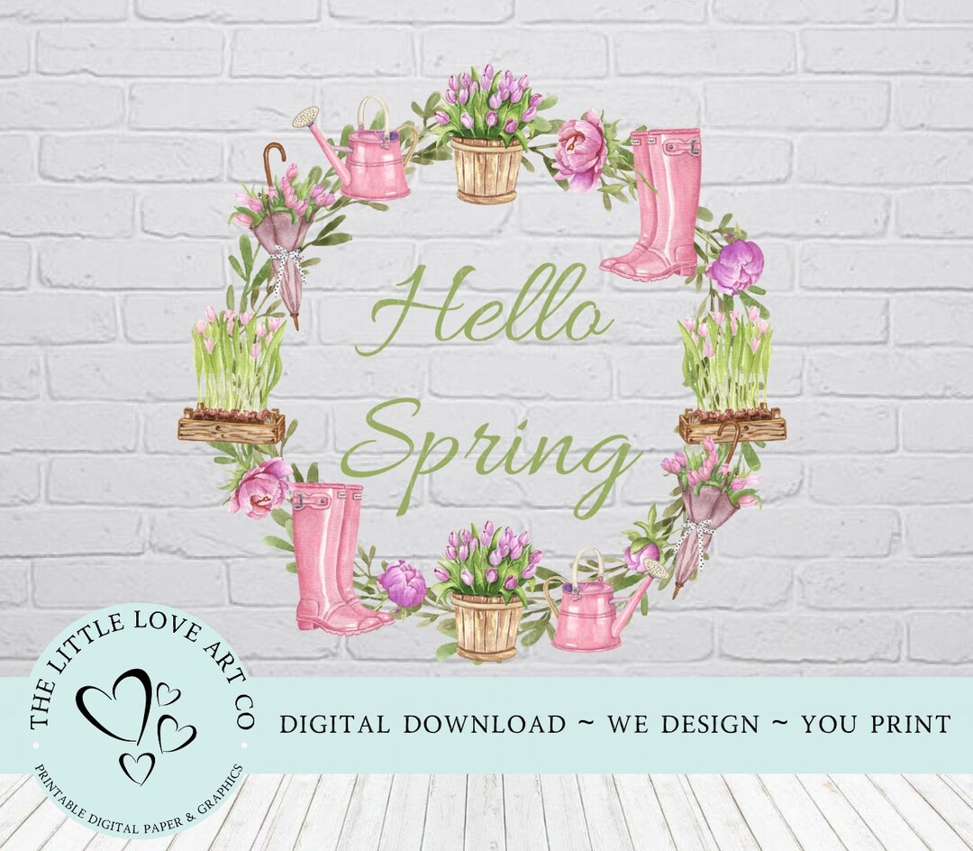 Hello Spring Wreath PNG, Gardening PNG, Tulips, Spring Flowers, Wellies ...