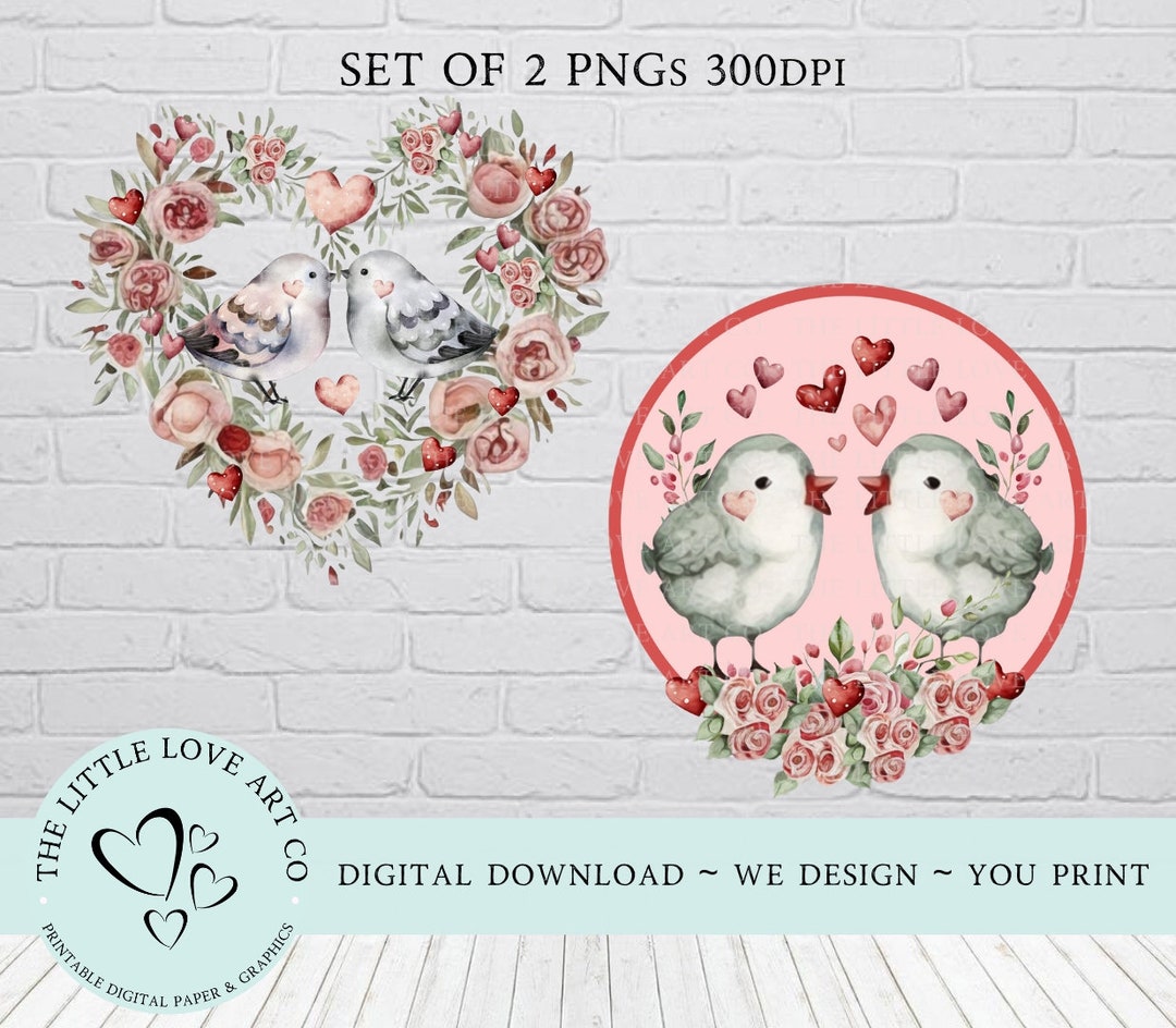 Set of 2 Valentine Love Bird PNG, Pink Hearts Valentine Design, Love ...
