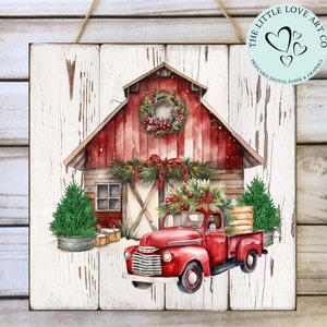 Red Barn Farm Truck Christmas Design, Christmas Farm Scene Digital ...