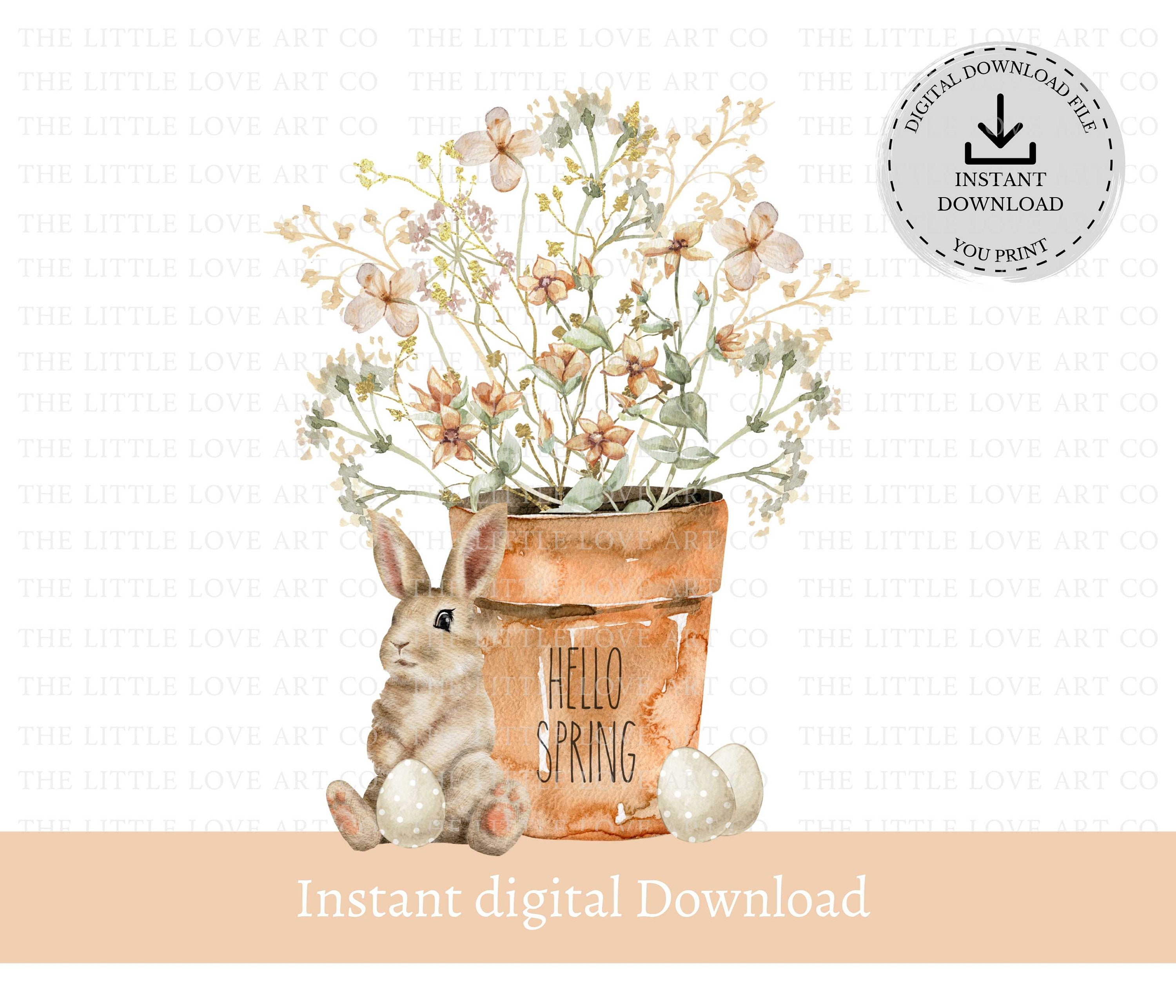 Hello Spring Wildflower Planter & Bunny Easter Sign Design | Etsy