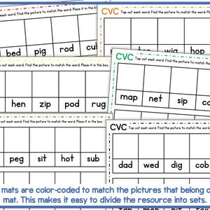CVC Decoding and Picture Matching Word Mats for Grades K-1 Literacy ...