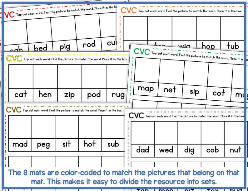 CVC Decoding and Picture Matching Word Mats for Grades K-1 Literacy ...