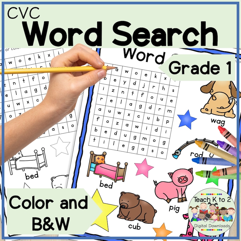 CVC Word Search Puzzles for Grade 1 Literacy Centers/first Grade ...