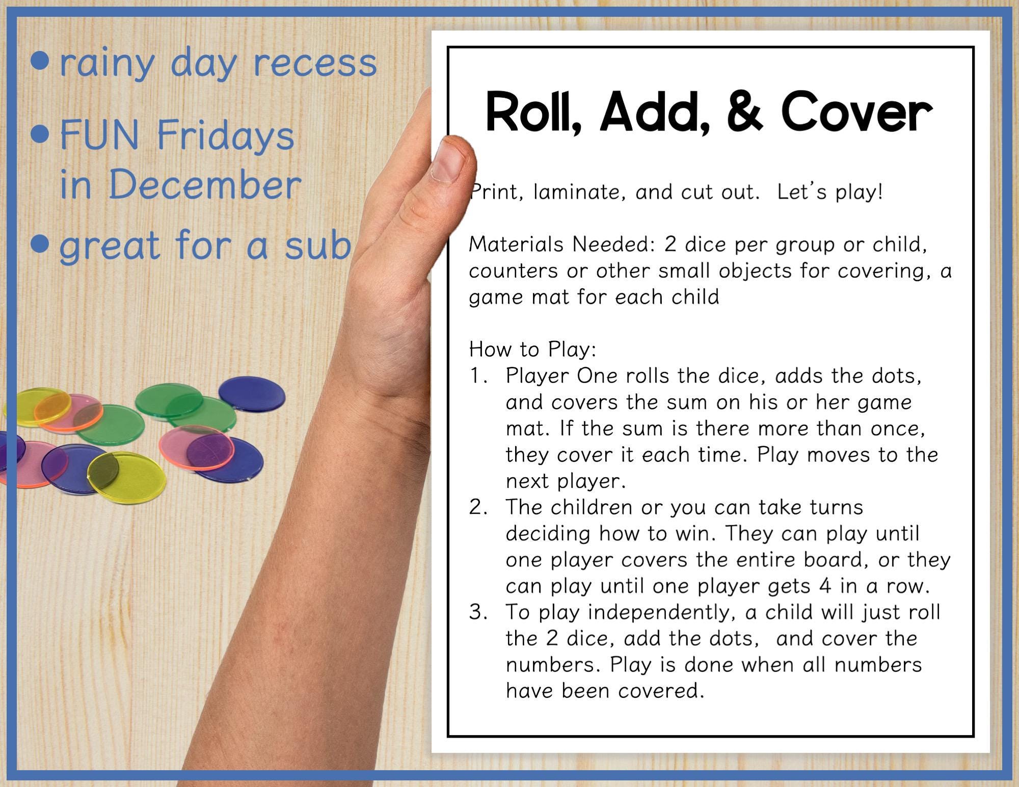 Roll, Add, and Cover Christmas Math Dice Game Kindergarten, First, or ...
