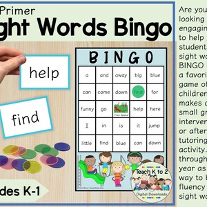 Pre-primer Sight Words BINGO for Kindergarten or First Grade Small ...
