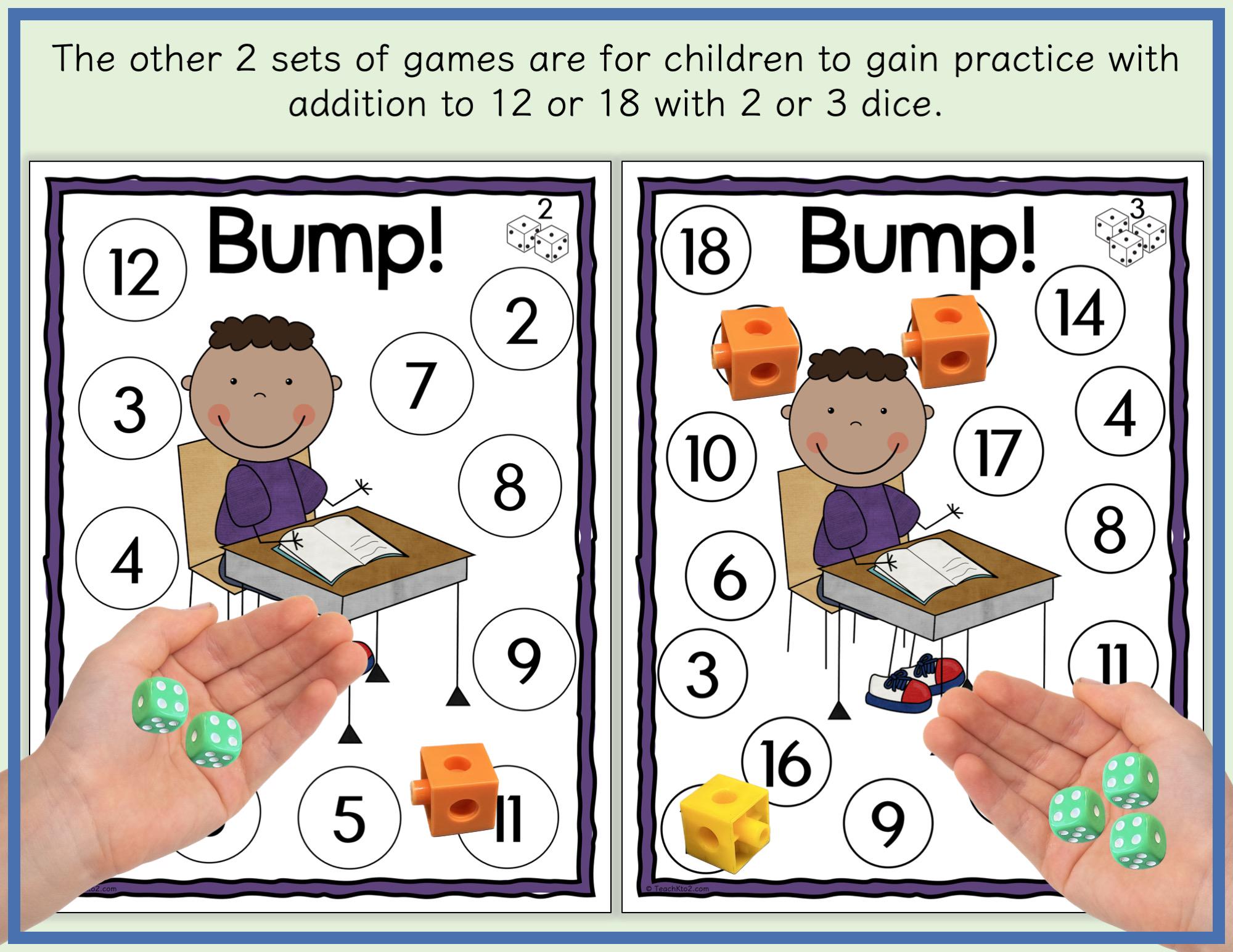 BUMP Math Games for Number ID and Addition to 12 or 18 Differentiated ...