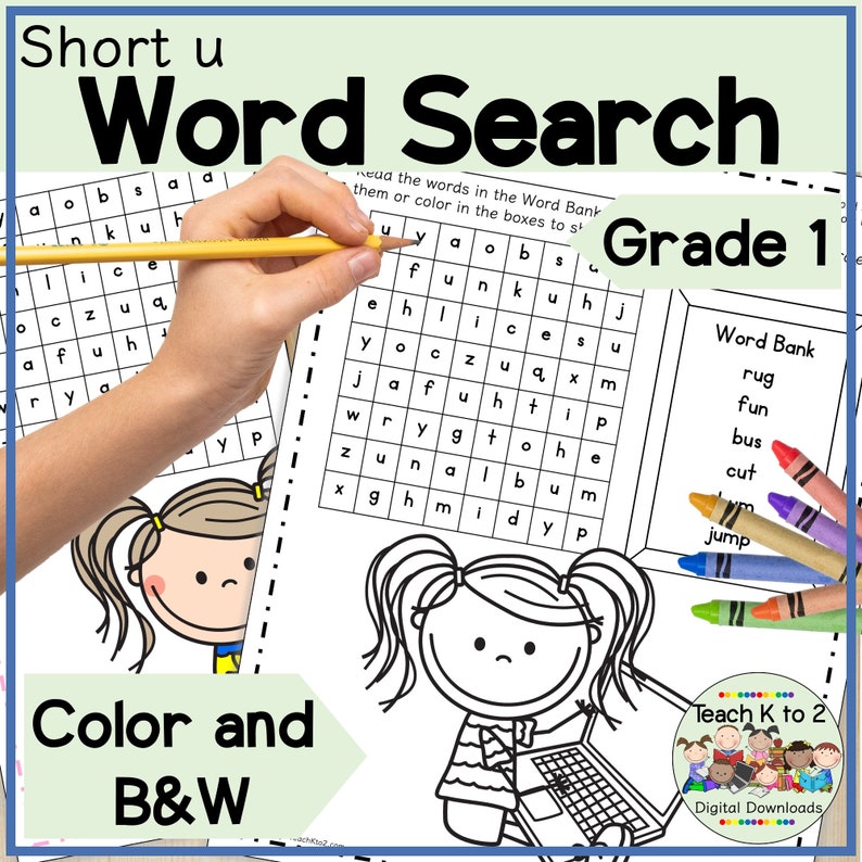 Short Vowel U Word Search Puzzles for Grade 1 Literacy Centers/phonics ...
