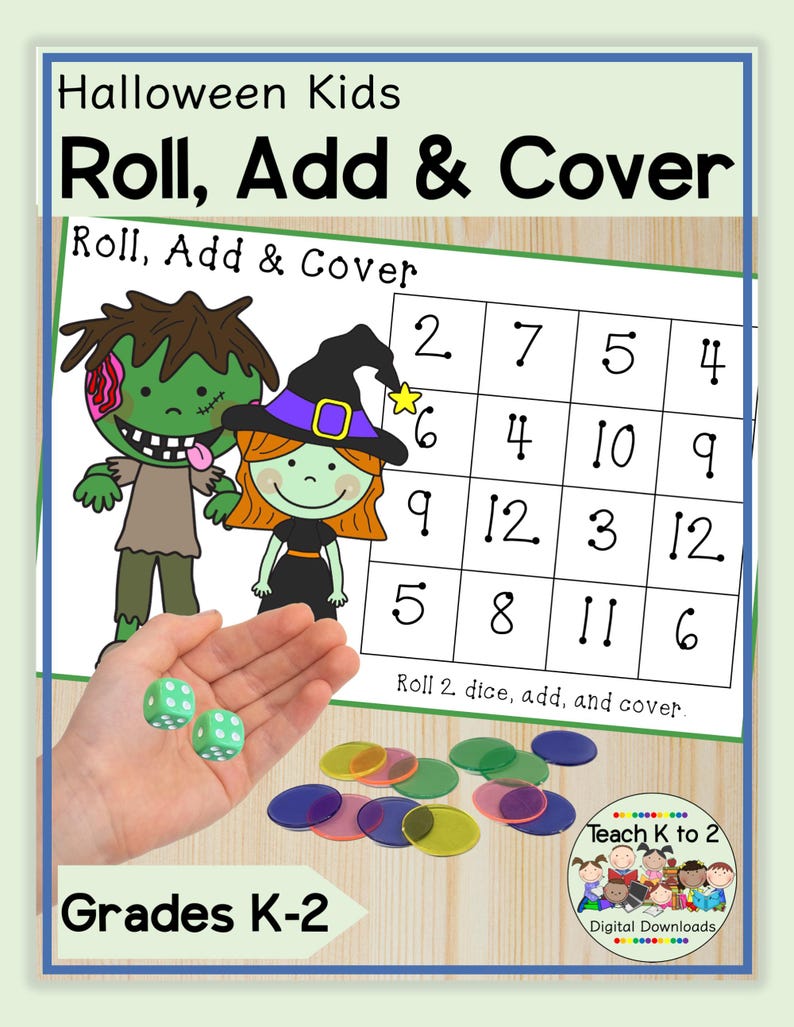 Roll, Add, and Cover Halloween Math Dice Game for Kindergarten, First ...
