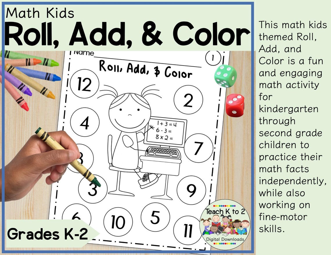 Roll, Add, and Color Math Dice Game/math Centers/grade 1 Math/fast ...