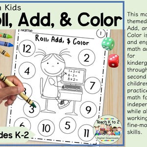 Roll, Add, and Color Math Dice Game/math Centers/grade 1 Math/fast ...