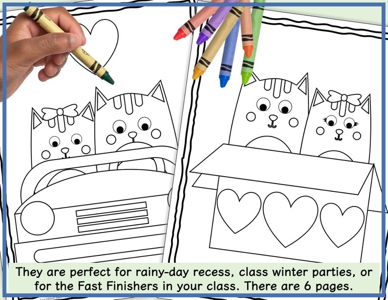 Valentine's Day Cats Coloring Pages for Kids Grades K-2 Winter Coloring ...