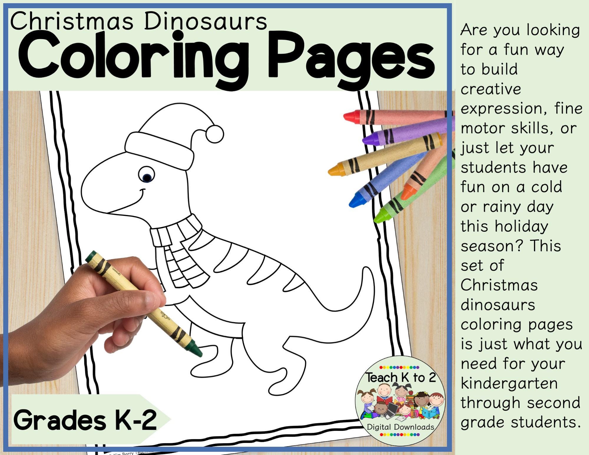 Christmas Dinosaurs Coloring Pages for Kindergarten, First, or Second ...