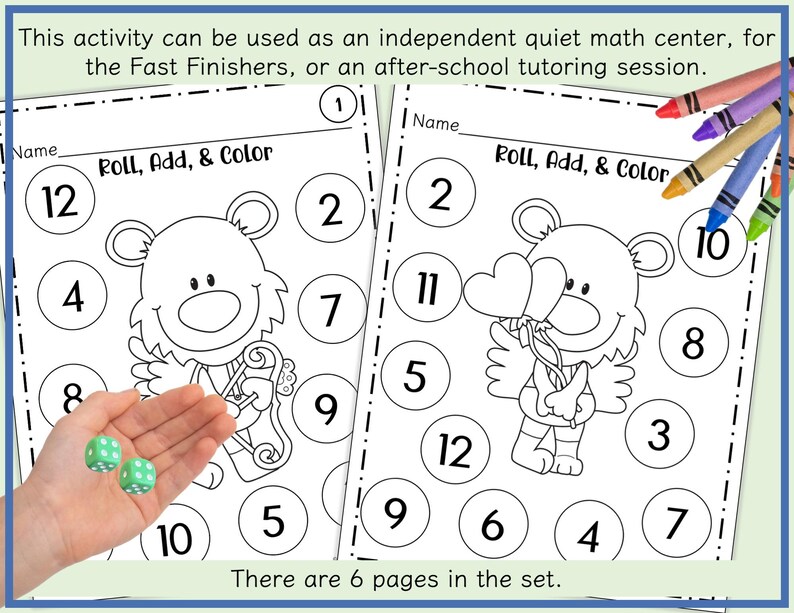 Roll, Add, and Color Valentine's Day Math Dice Game for Kindergarten ...