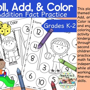Roll, Add, and Color Math Dice Game/math Centers/grade 1 Math/fast ...