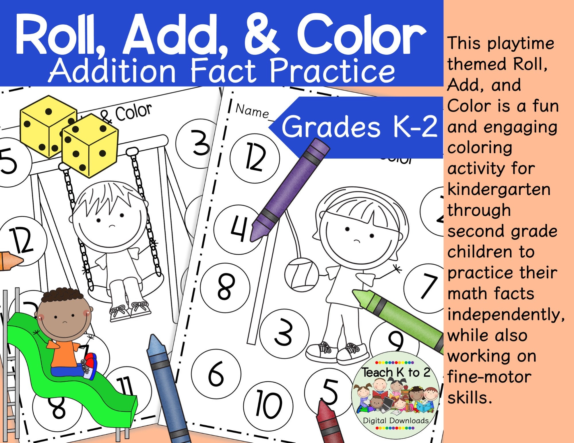 Roll, Add, and Color Math Dice Game/math Centers/grade 1 Math/fast ...