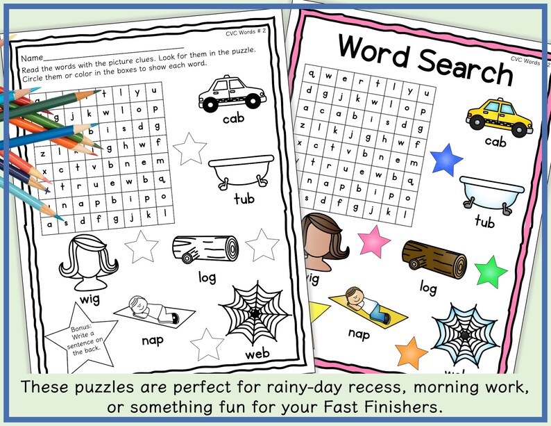 CVC Word Search Puzzles for Grade 1 Literacy Centers/first Grade ...
