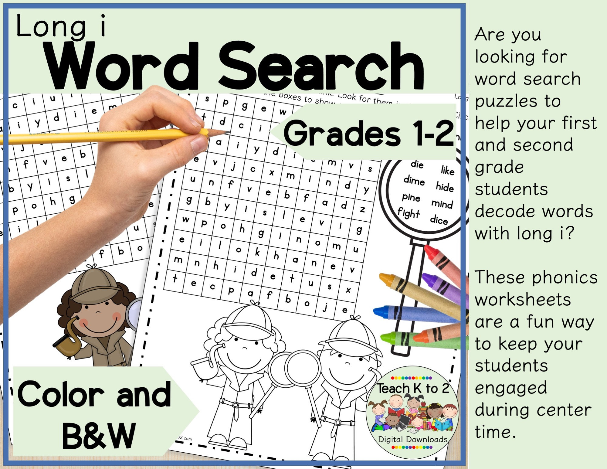 Long I Word Search Puzzles for Grade 1 Literacy Centers/first Grade ...