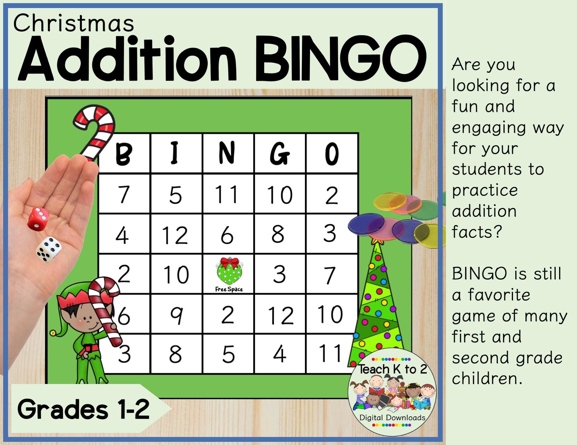 Christmas Addition BINGO With Dice for First or Second Grade Holiday ...