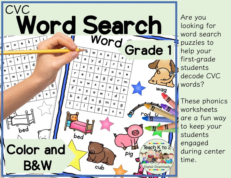 CVC Word Search Puzzles for Grade 1 Literacy Centers/first Grade ...