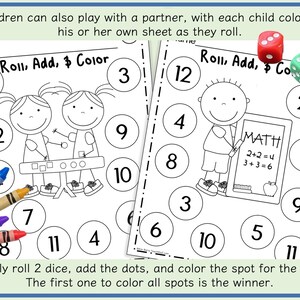 Roll, Add, and Color Math Dice Game/math Centers/grade 1 Math/fast ...