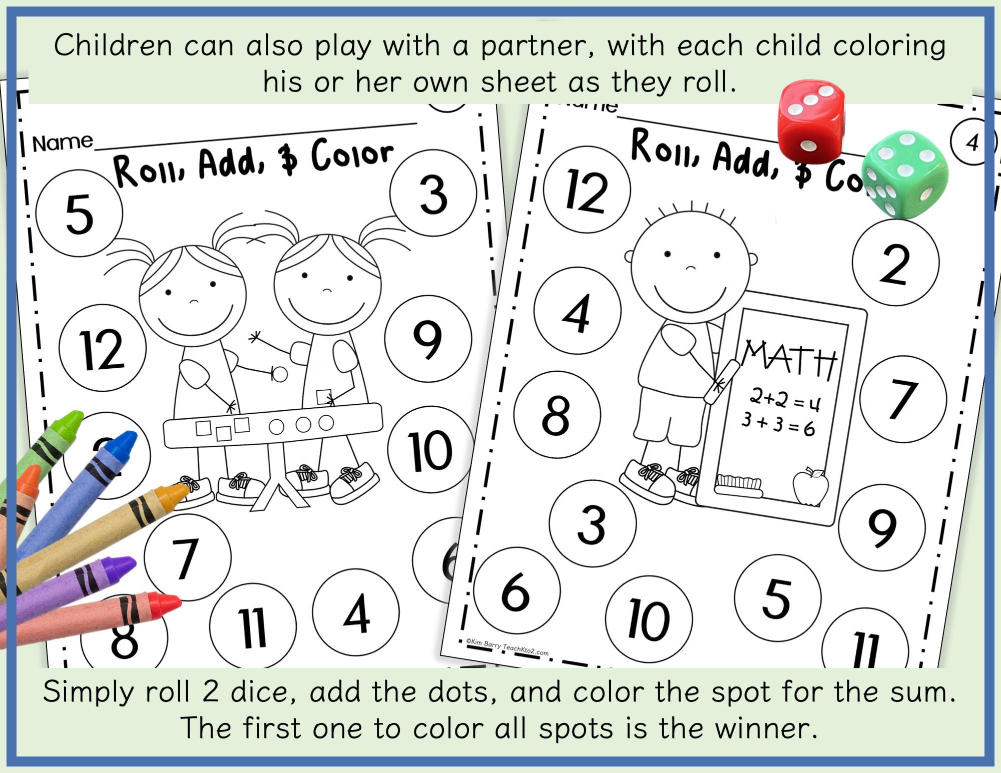 Roll, Add, and Color Math Dice Game/math Centers/grade 1 Math/fast ...